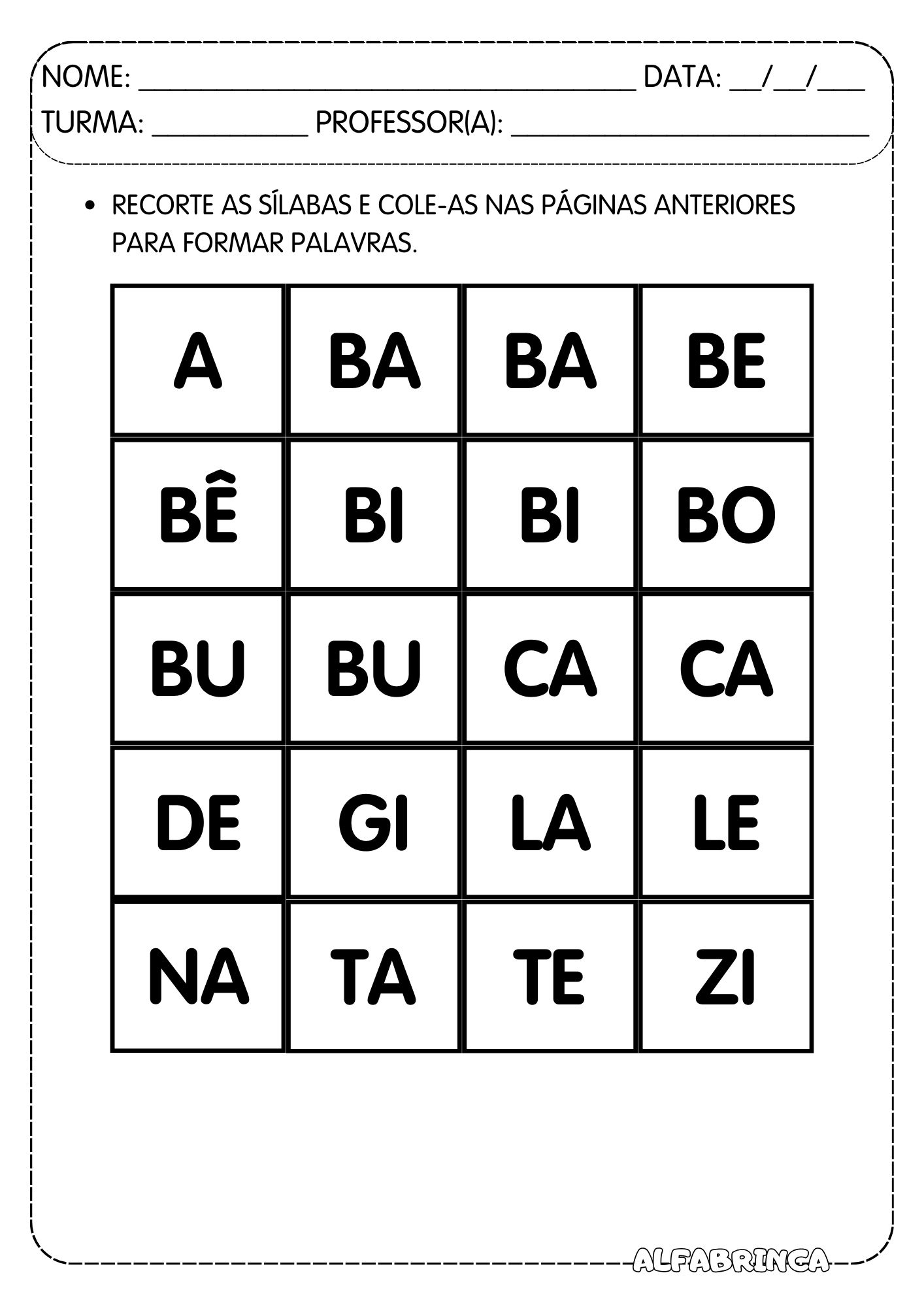 Ba Be Bi Bo Bu - Atividades Família Silábica - Alfabrinca