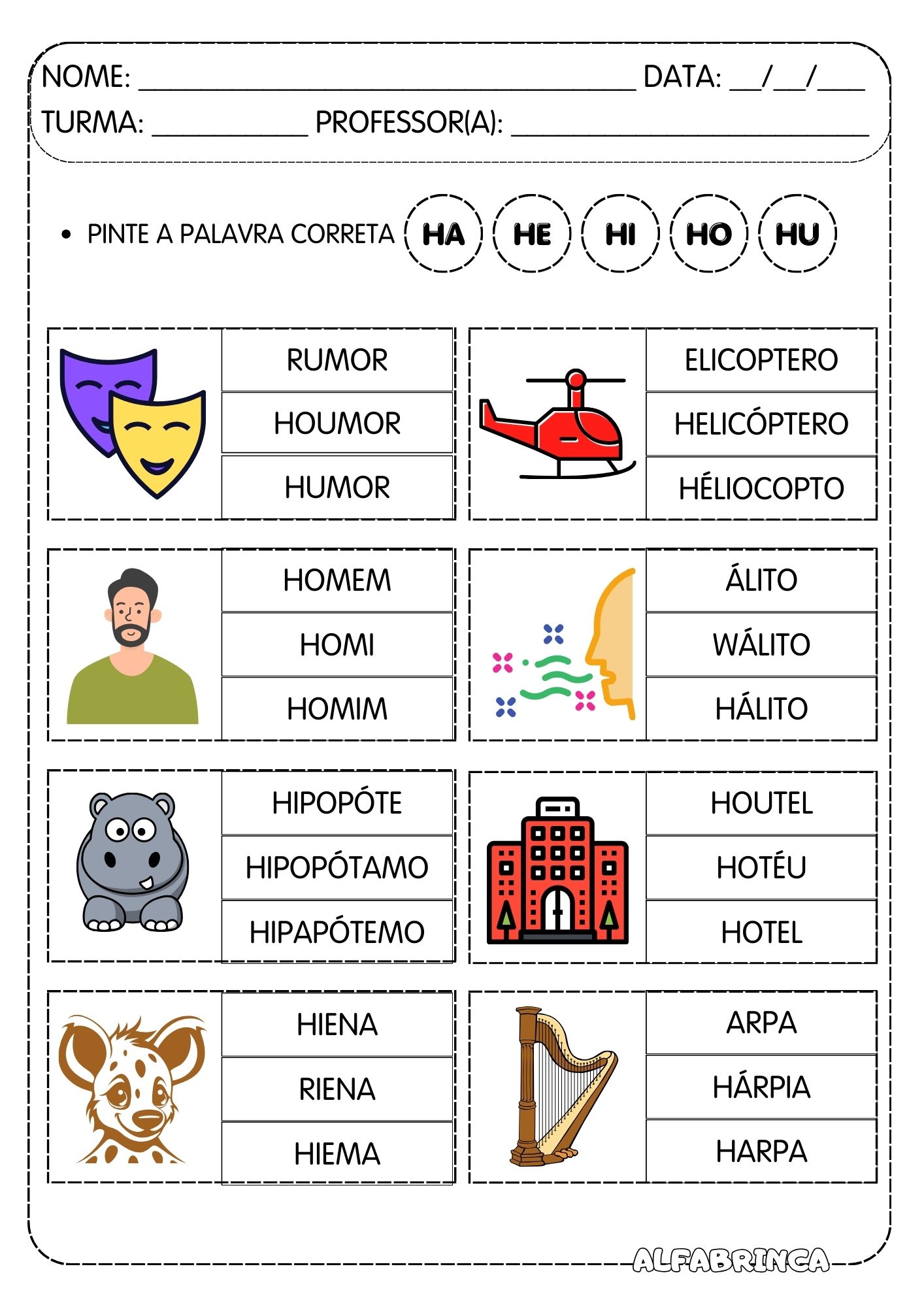 Ha He Hi Ho Hu - Atividades para imprimir - Alfabrinca