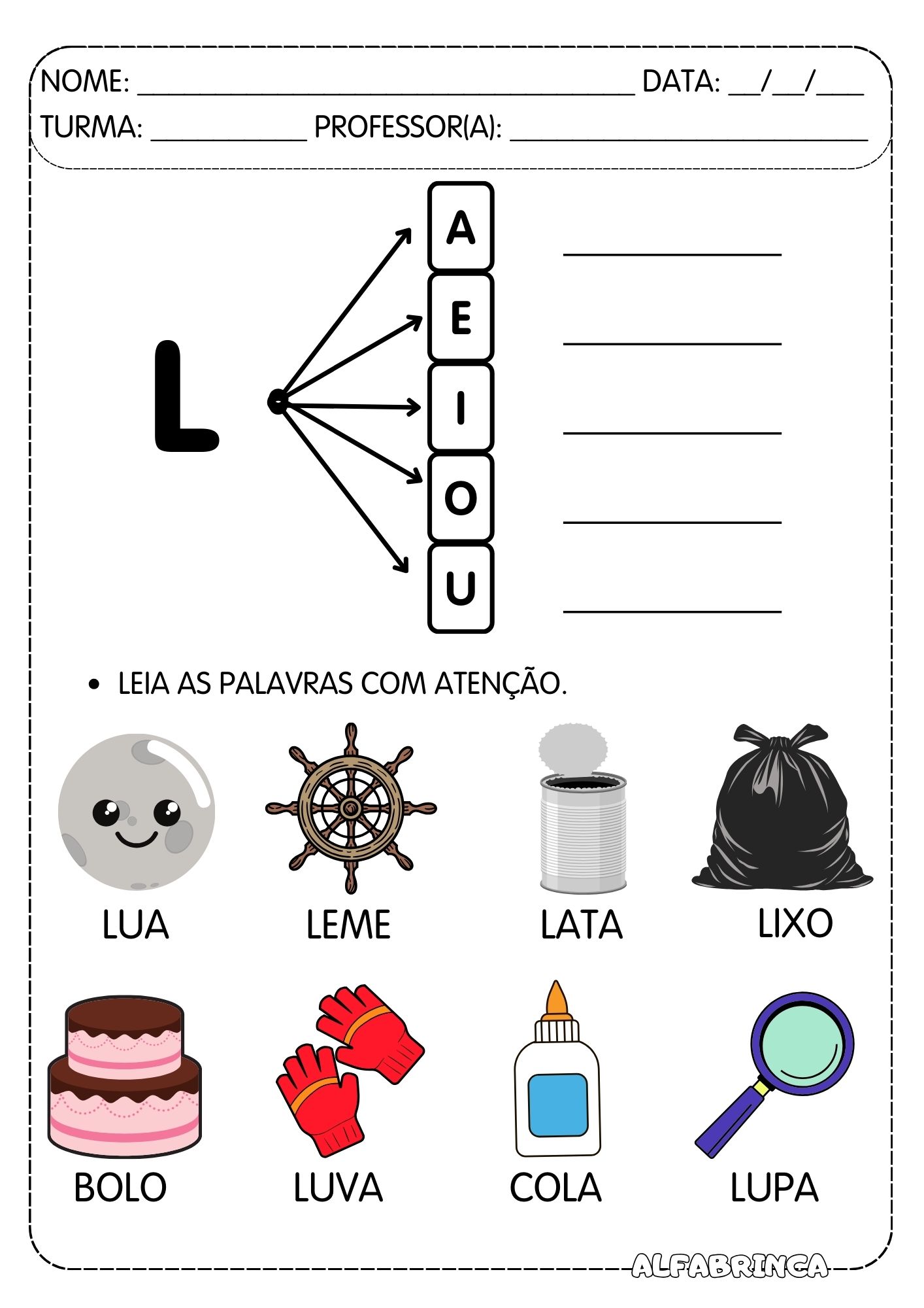 Atividades para imprimir - La Le Li Lo Lu - Alfabrinca