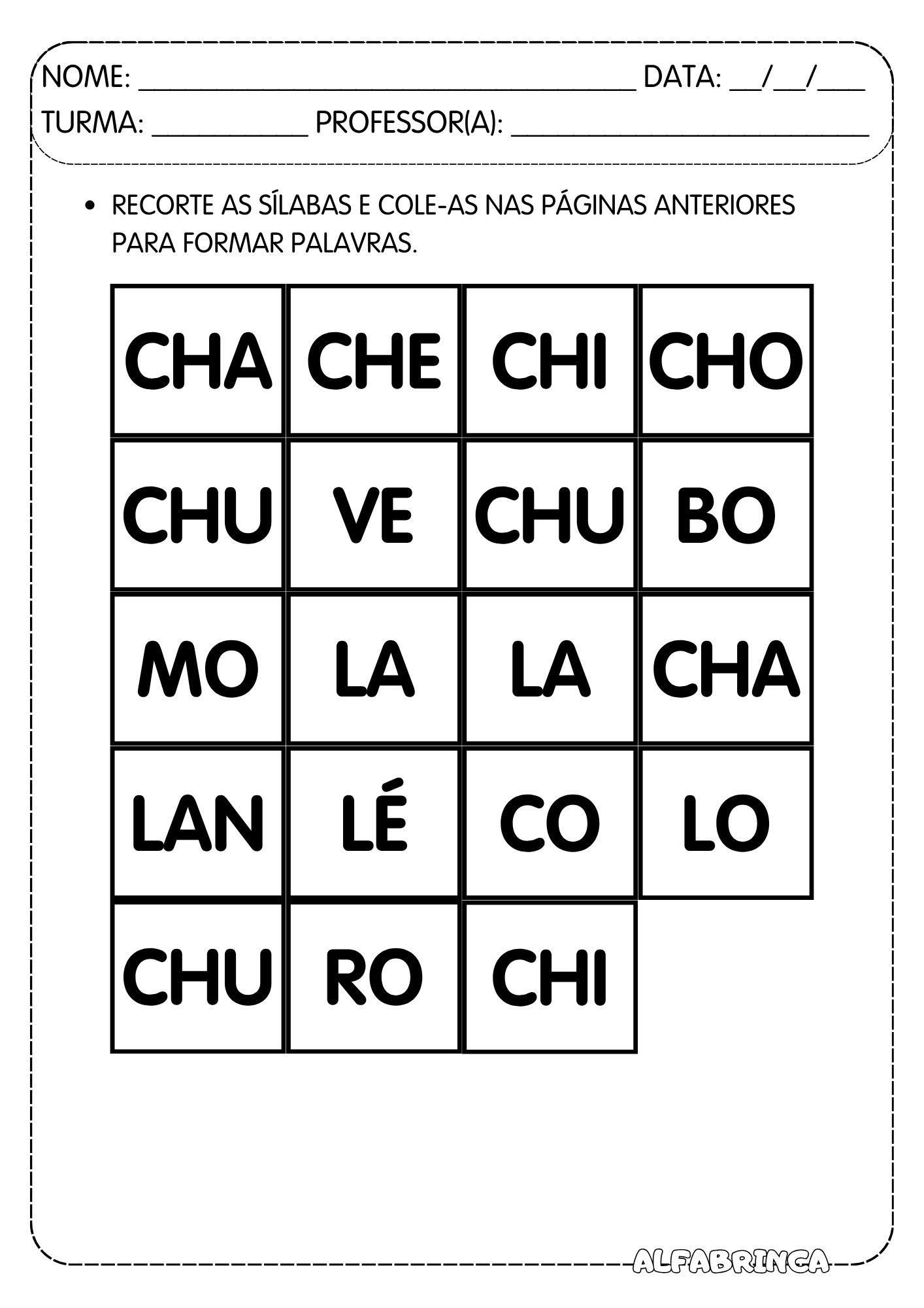 Atividades Cha Che Chi Cho Chu - Família silábica CH para imprimir ...