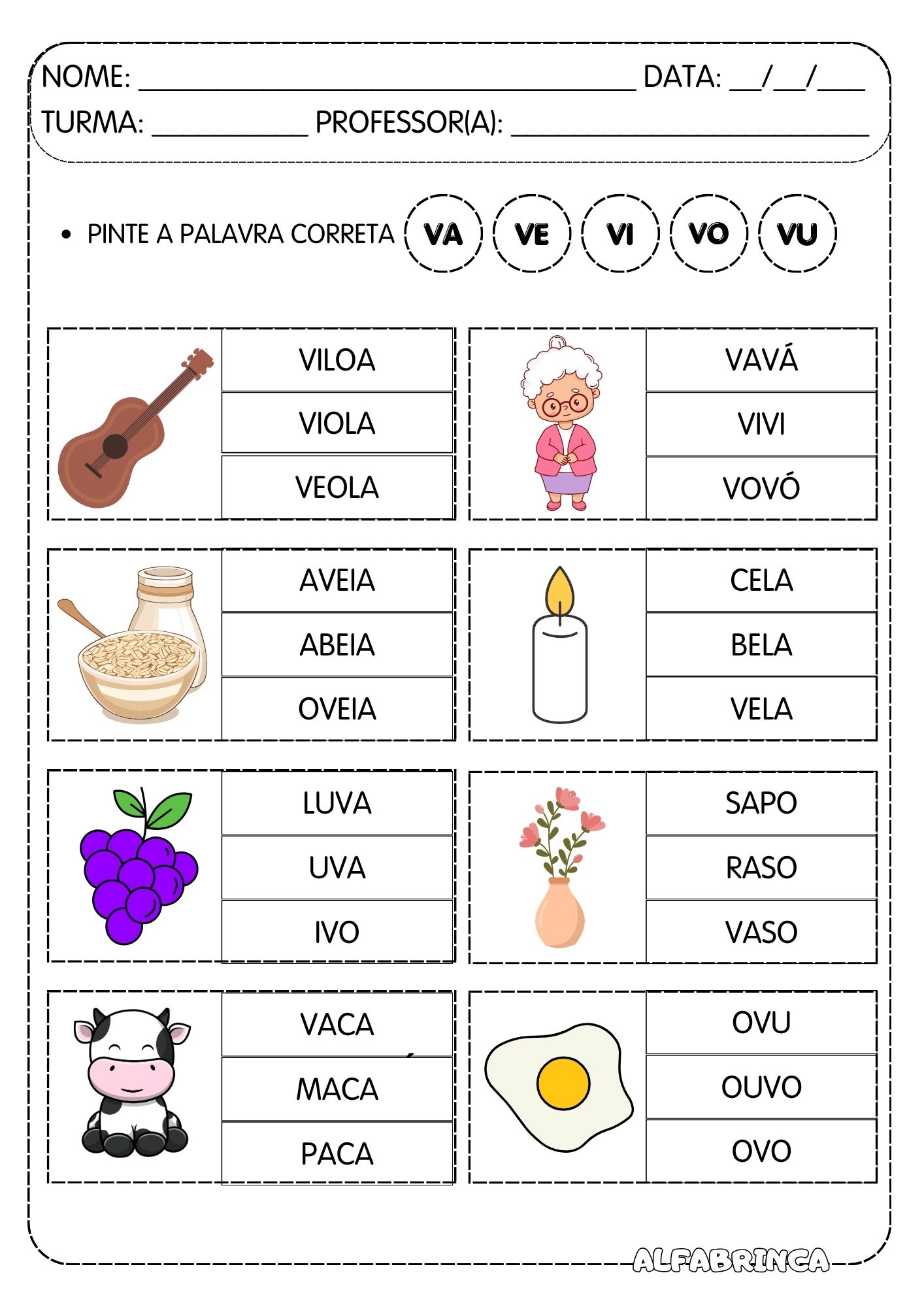 Família silábica V - Va Ve Vi Vo Vu - Atividades para imprimir - Alfabrinca