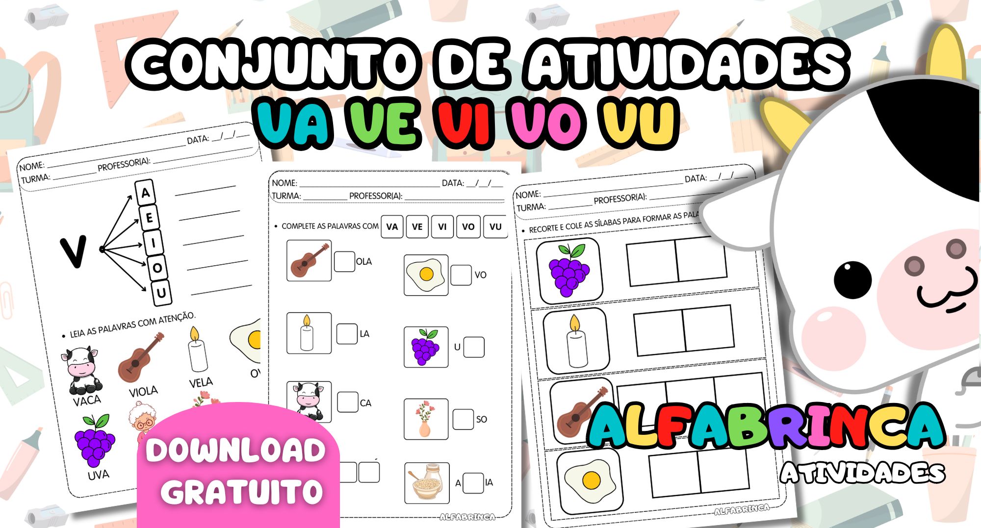 Família silábica V - Va Ve Vi Vo Vu - Atividades para imprimir - Alfabrinca