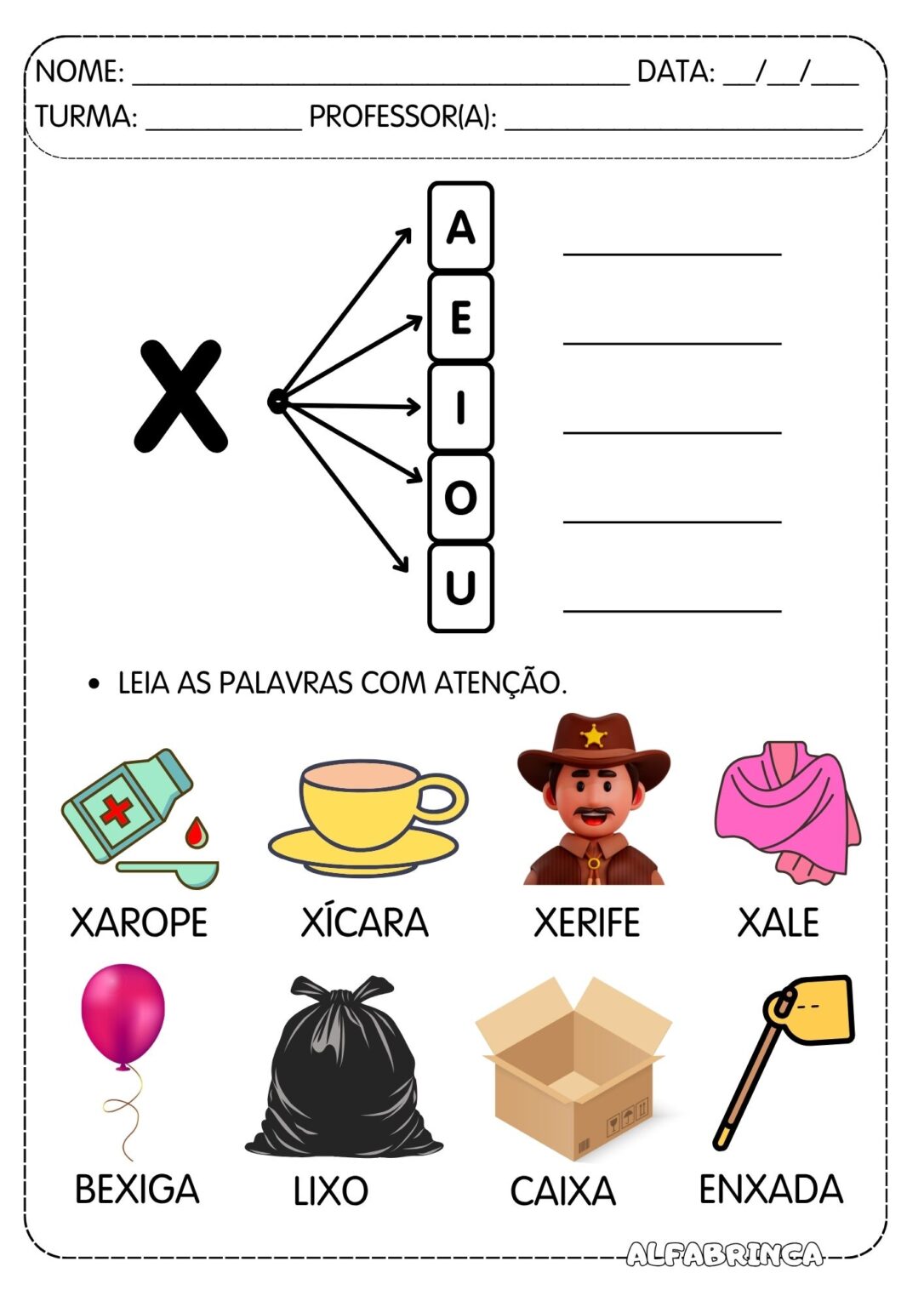 Família silábica X - Xa Xe Xi Xo Xu - Atividades para imprimir - Alfabrinca