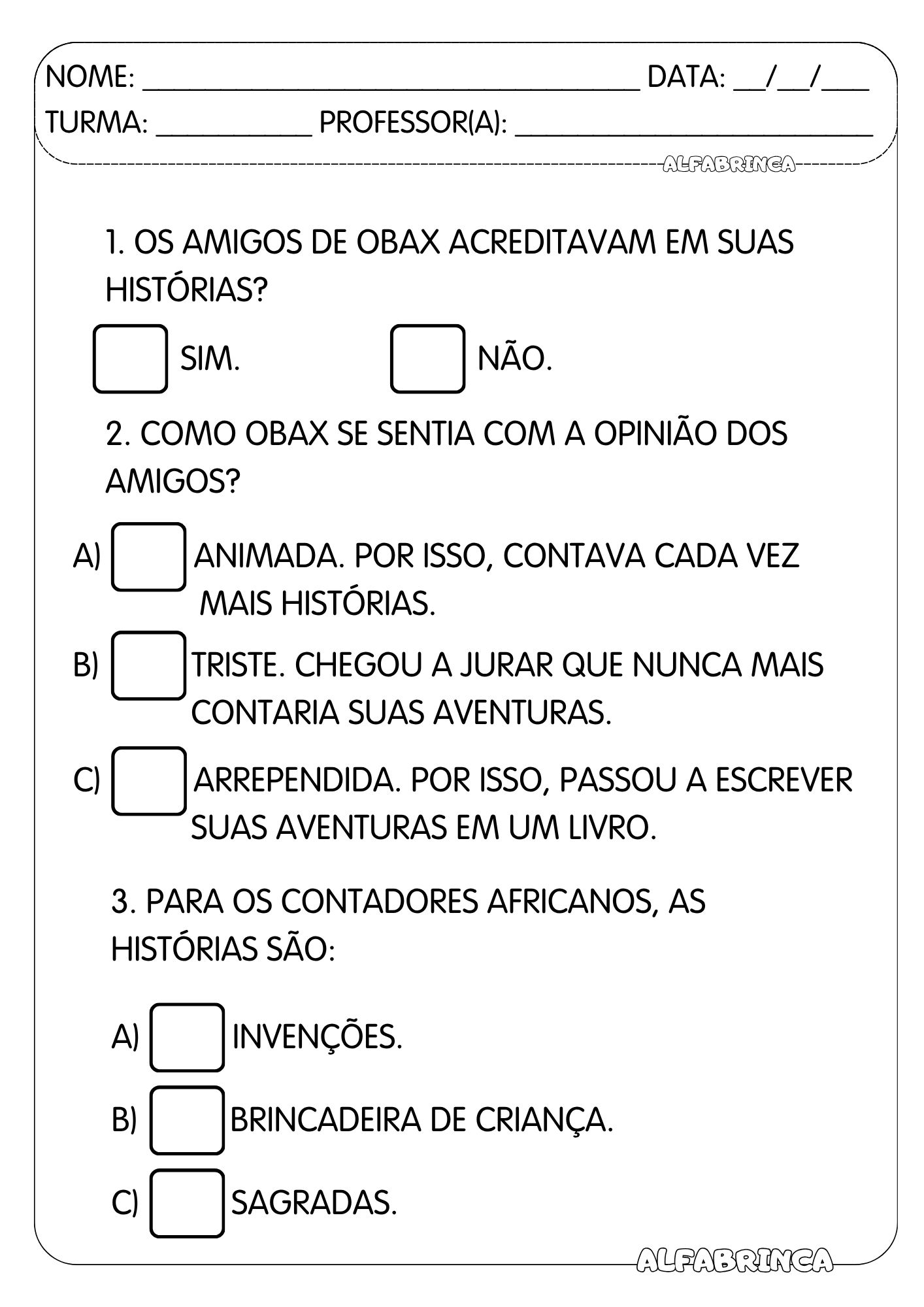 Sequência Didática - OBAX - Atividades de Interpretação - Alfabrinca